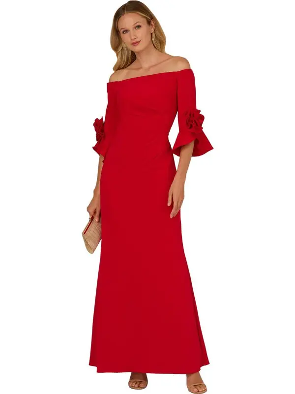 Adrianna Papell Off-shoulder Bell Sleeve Rosette Gown - Super Red