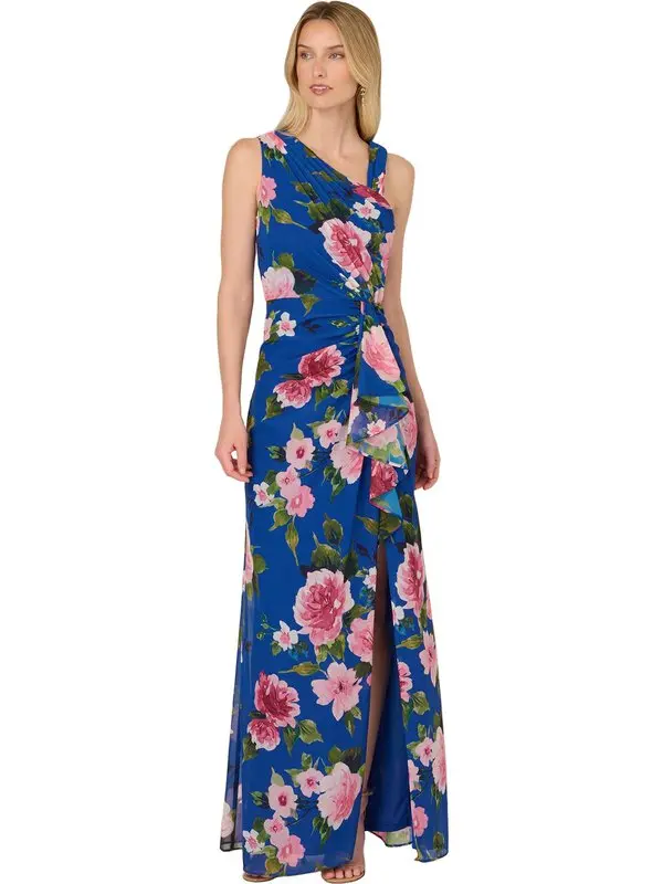 Adrianna Papell Asymmetrical Draped Floral Chiffon Gown - Dark Blue Multi