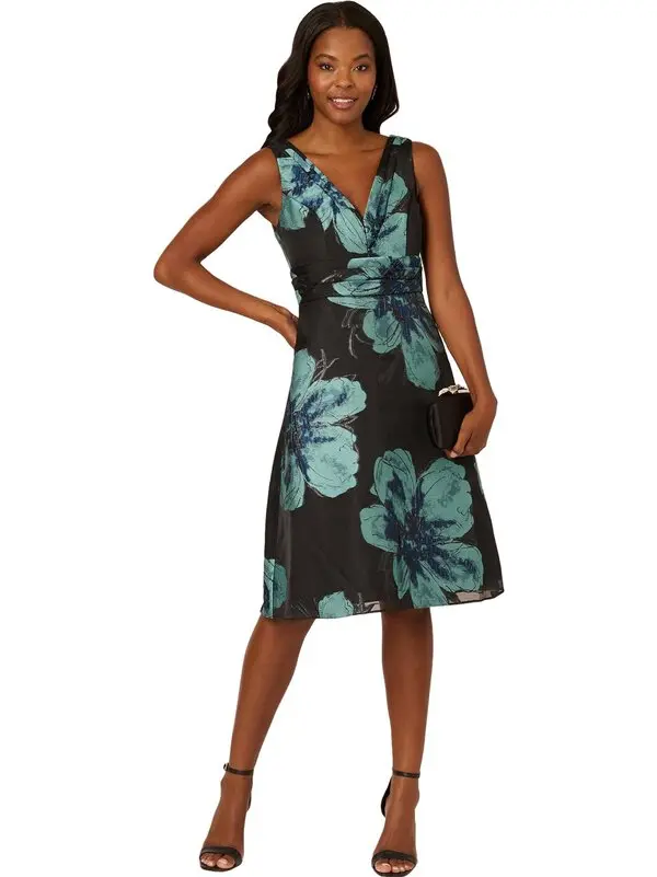 Adrianna Papell Floral Jacquard Belted A-line Midi Dress - Black Multi