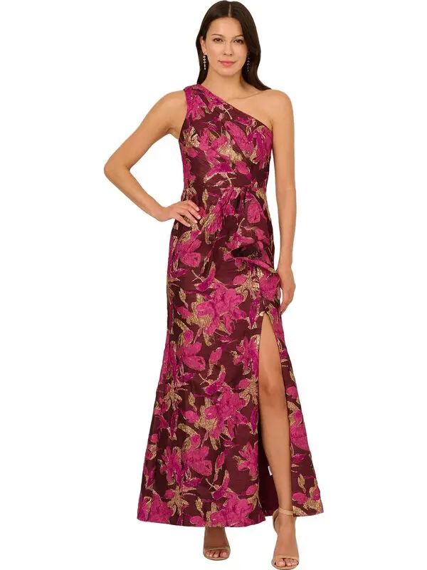 Adrianna Papell One-shoulder Floral Jacquard Mermaid Gown - Burgundy/gold