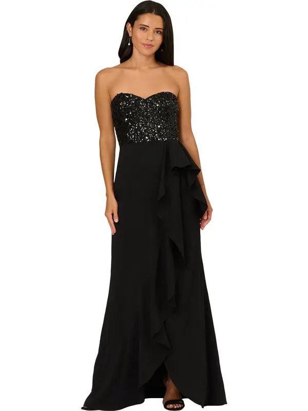 Adrianna Papell Strapless Sequin Ruffle Combo Gown - Black