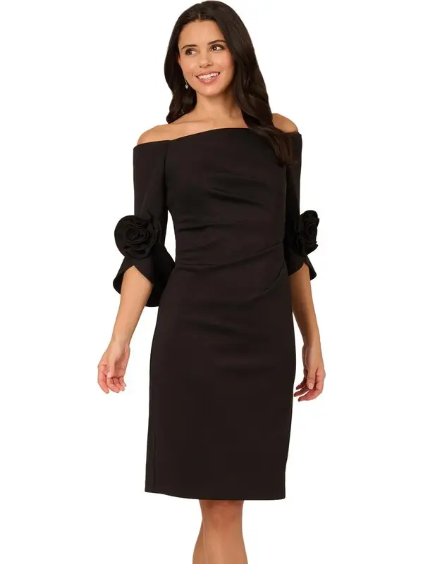 Adrianna Papell Off-shoulder A-line Cocktail Dress With Rosette Bell Sleeves - Black