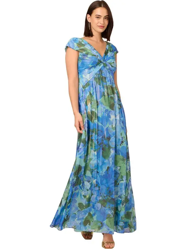 Adrianna Papell Printed Front Twist Gown - Green Blue Multi
