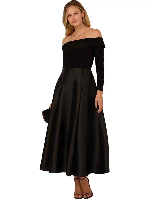 Adrianna Papell Off Shoulder Long Sleeve Mikado Combo Gown - Black