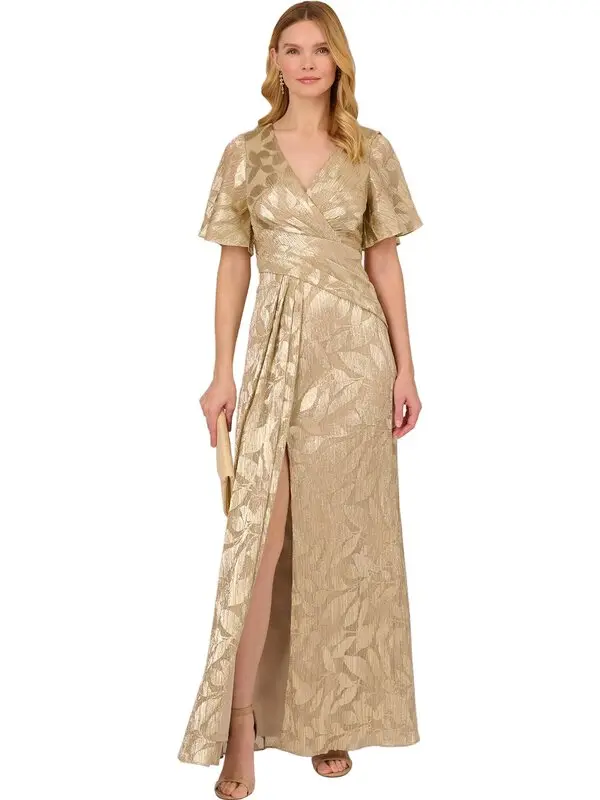 Adrianna Papell Foil Leaf Gown With Draped Details - Champagne/gold