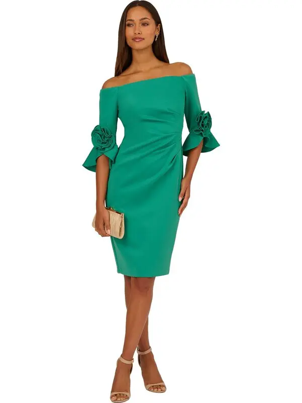 Adrianna Papell Off-shoulder Rosette Sleeve Cocktail Dress - Emerald