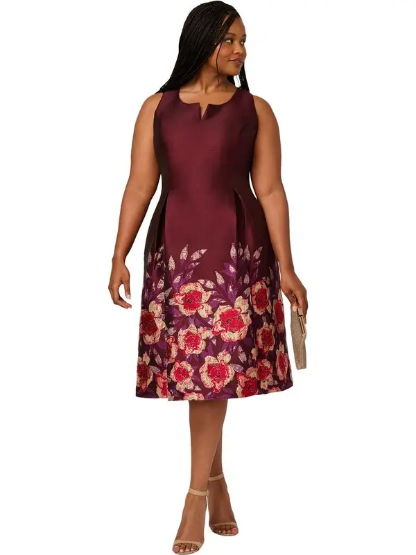 Adrianna Papell Floral Jacquard Fit And Flare Midi Dress - Plum Multi