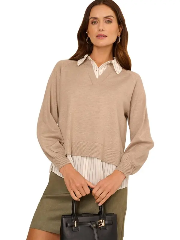 Adrianna Papell Collared Layered Sweater - H. Oatmeal W/ Staple Stripe