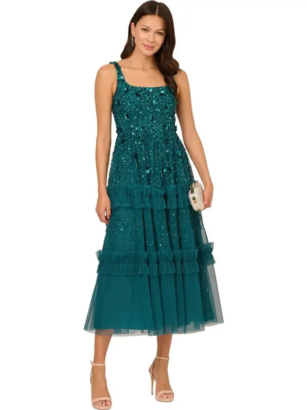 Adrianna Papell Floral Beaded Ruffle Midi Dress - Deep Azure