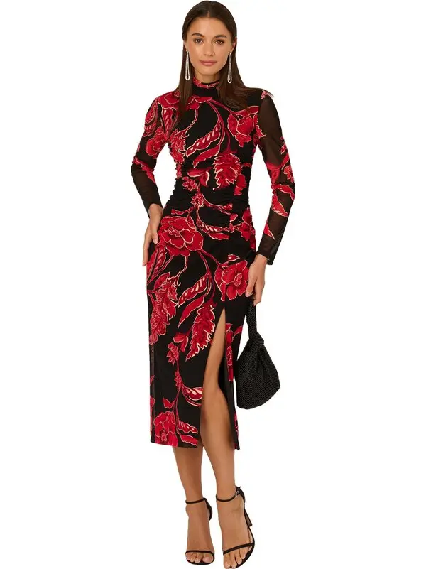 Adrianna Papell Floral Mesh Bodycon Midi Dress - Black Multi