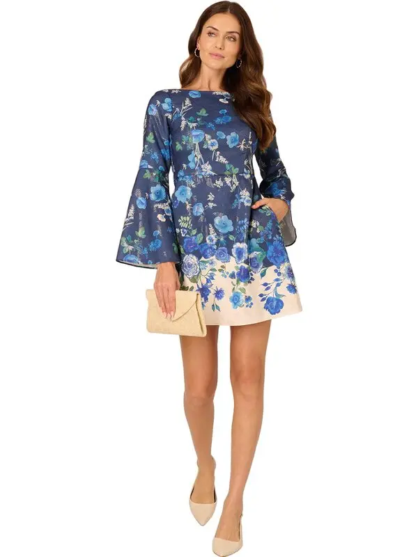 Adrianna Papell Bell Sleeve Floral Sheath Dress - Navy Multi