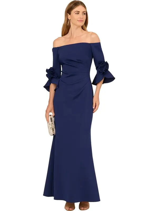 Adrianna Papell Off-the-shoulder Bell Sleeve Mermaid Gown - Navy Sateen