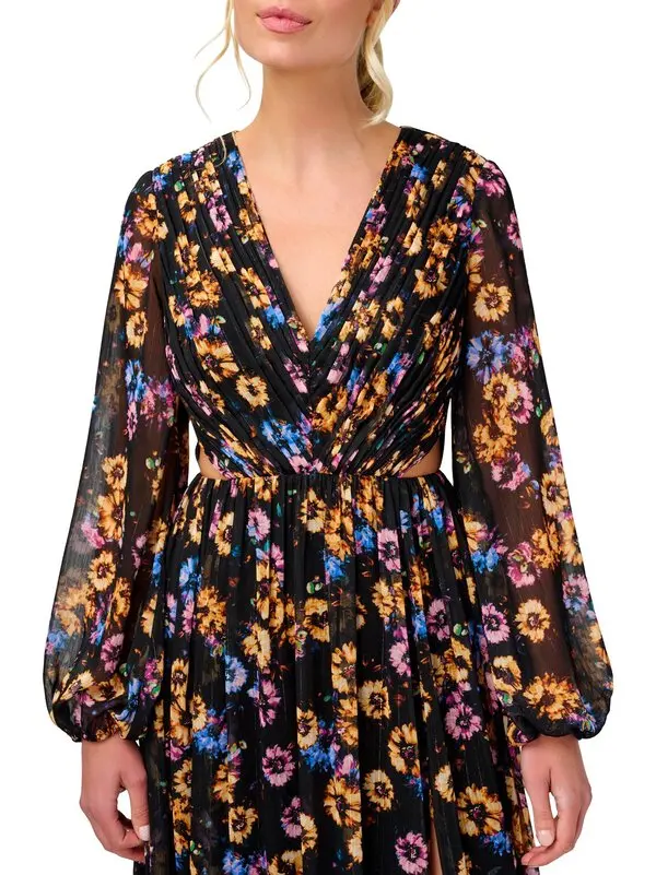 Adrianna Papell Floral-print Pleated Chiffon Long A-line Gown - Black Multi