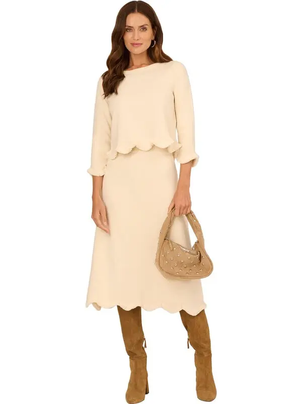 Adrianna Papell Sweater Knit Scalloped A-line Midi Skirt - Cream