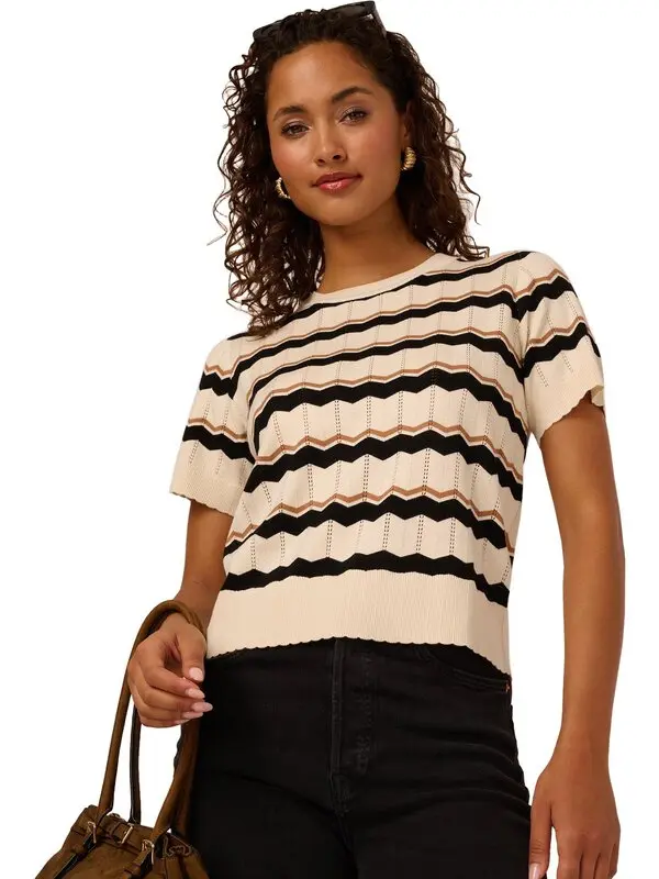 Adrianna Papell Short Sleeve Pointelle Stripe Sweater - Cream/black/camel