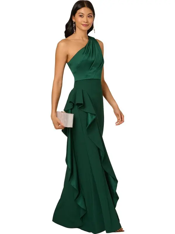 Adrianna Papell One-shoulder Satin Crepe Mermaid Gown - Deep Forest