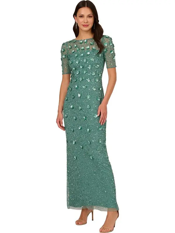 Adrianna Papell Hand-beaded 3d Floral Sheath Gown With Elbow Sleeves - Green Slate