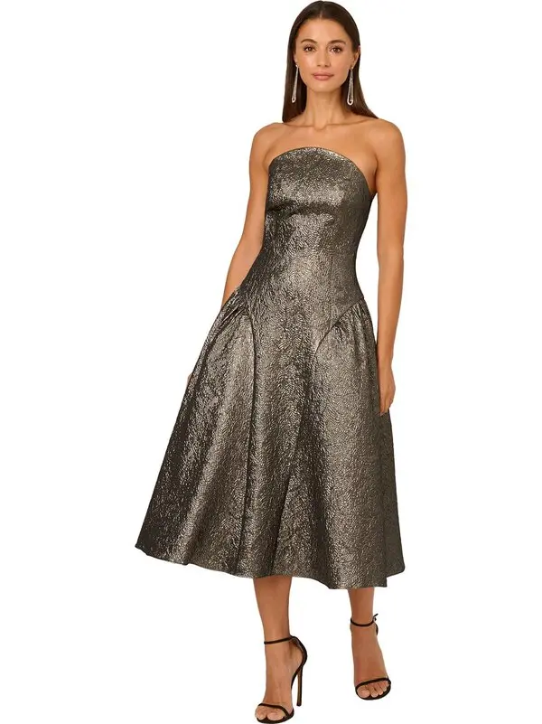 Adrianna Papell Strapless Drop Waist Metallic Midi Dress - Gunmetal