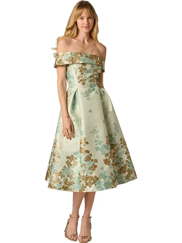 Adrianna Papell Floral Jacquard Ankle Length Off-the-shoulder Dress - Sage/gold