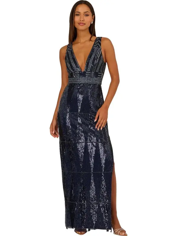 Aidan Mattox Fully Beaded Plunge Long Gown - Navy/gunmetal