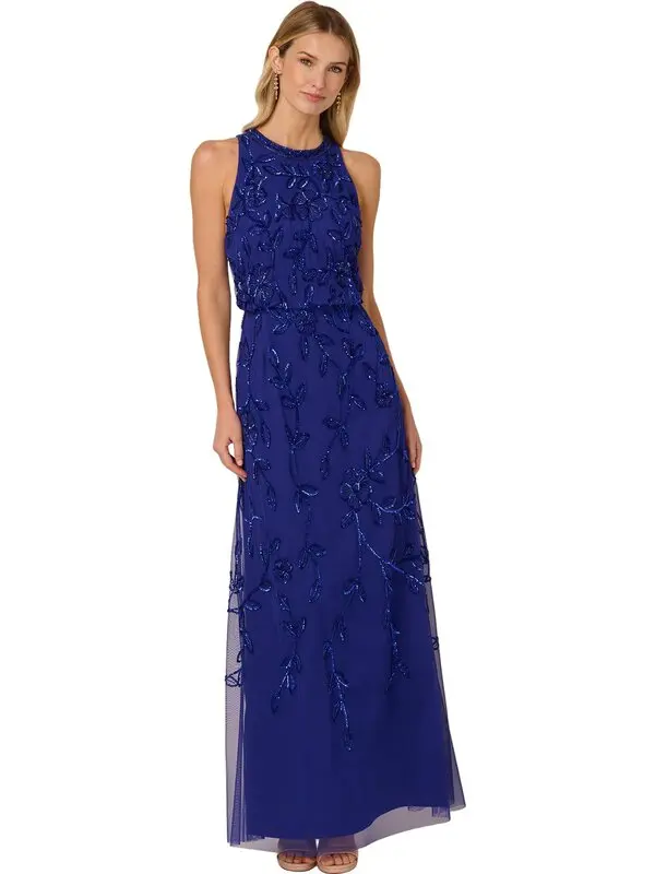 Adrianna Papell Sleeveless Beaded Mermaid Gown - Dark Blue Violet