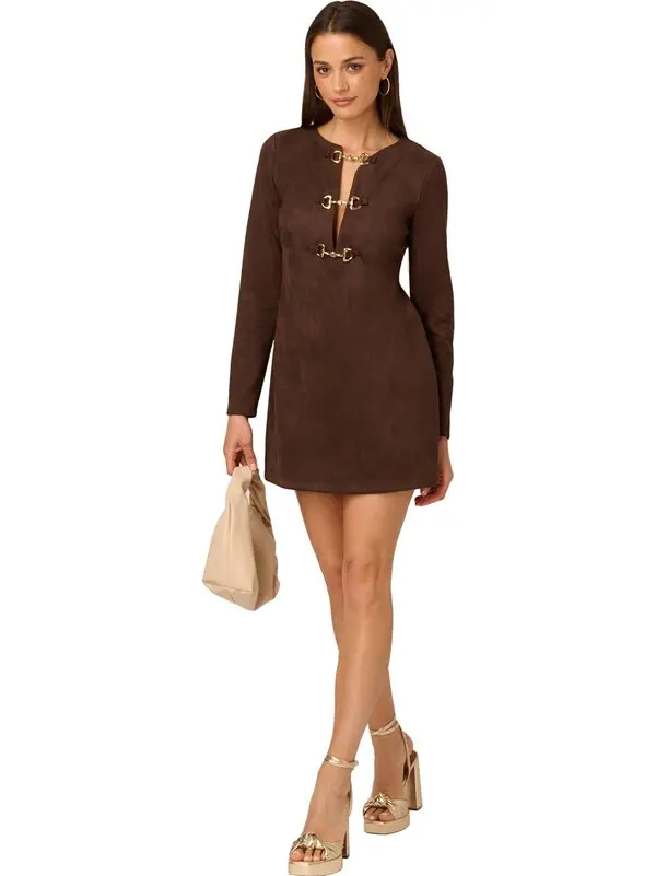 Adrianna Papell Long Sleeve Microsuede Shift Mini Dress - Dark Brown