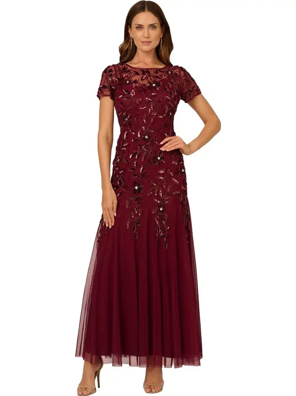 Adrianna Papell Hand Beaded Floral Godet Gown - Mahogany