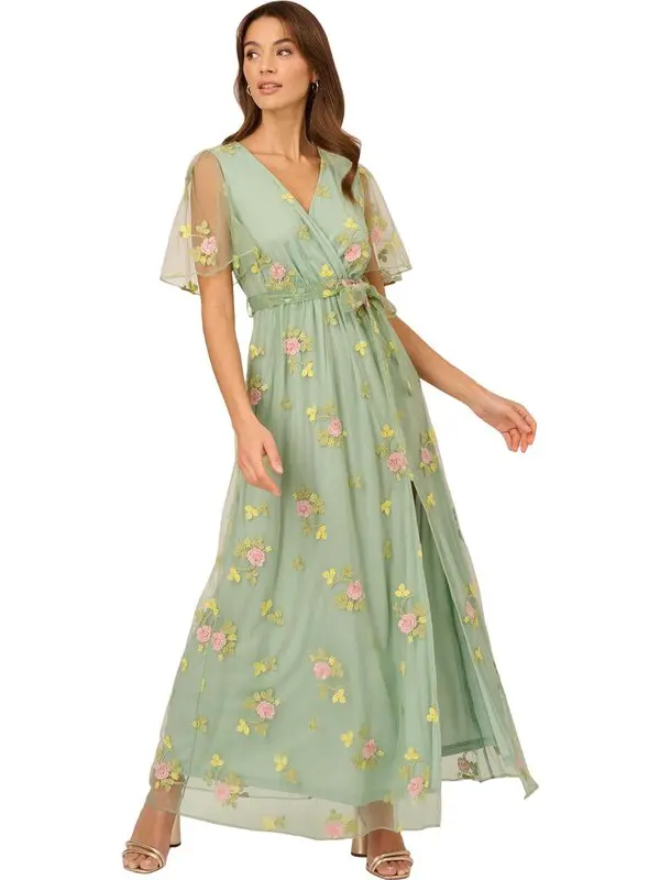 Adrianna Papell Floral Embroidered Maxi Dress With Flutter Sleeves - Sage Multi