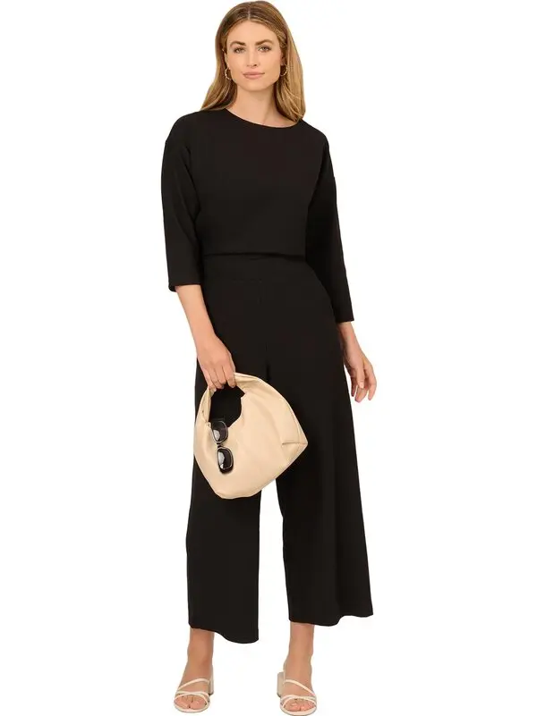 Adrianna Papell Wide Leg Rib Knit Cropped Pant - Black