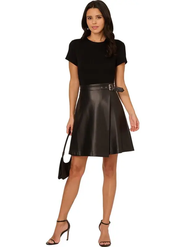 Adrianna Papell Short Sleeve Faux Leather Combo Skater Dress - Black