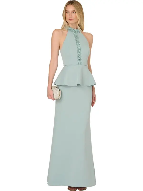 Adrianna Papell Sleeveless Pearly Halter Peplum Gown - Aqua Dust