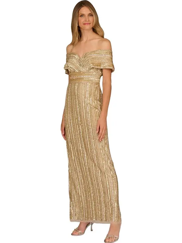 Aidan Mattox Off-the-shoulder Sequin Beaded Gown - Gold