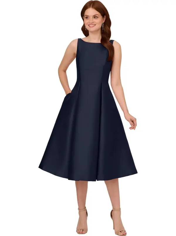 Adrianna Papell Sleeveless Mikado Fit And Flare Midi Dress With V-back - Midnight