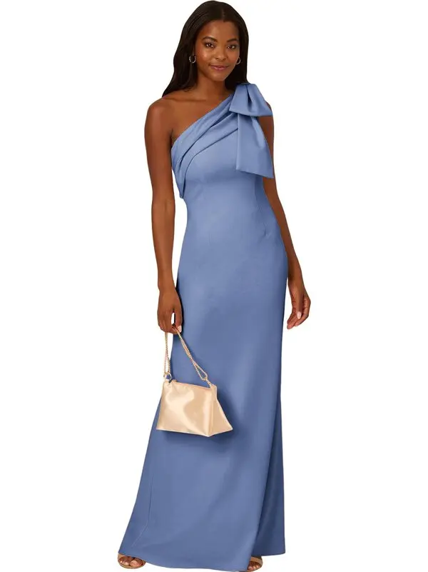 Adrianna Papell Stretch Crepe One Shoulder Mermaid Gown With Bow - French Blue