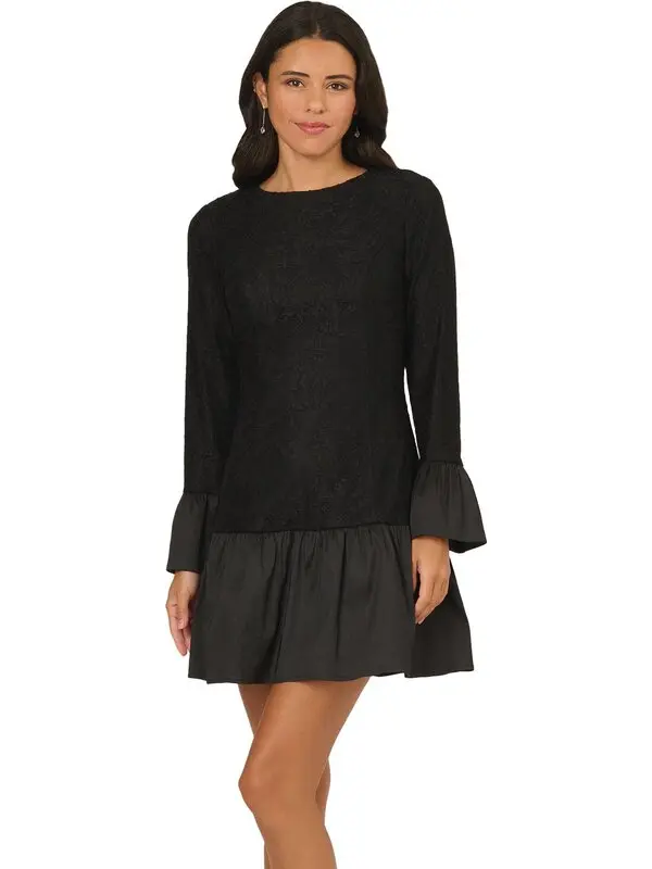 Adrianna Papell Long Sleeve Drop Waist Lace Dress - Black