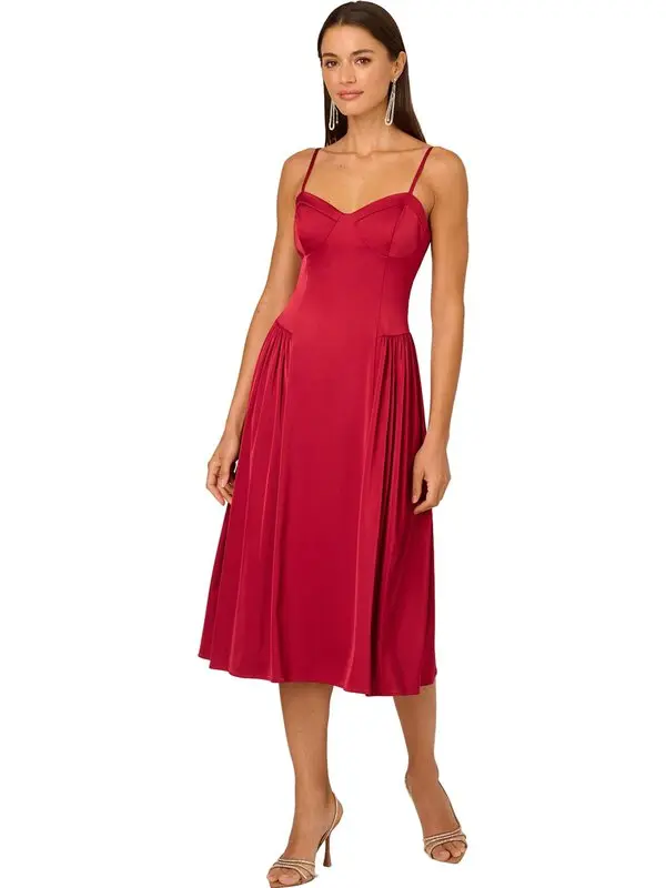 Adrianna Papell Stretch Satin Corset Back Midi Dress - Matador Red