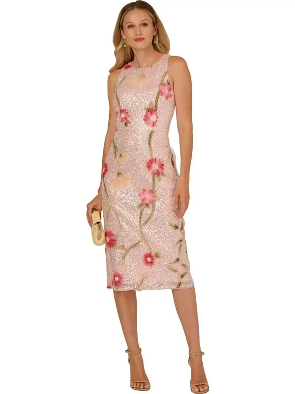 Adrianna Papell Sequin Floral Midi Sheath Dress - Silver/blush Multi