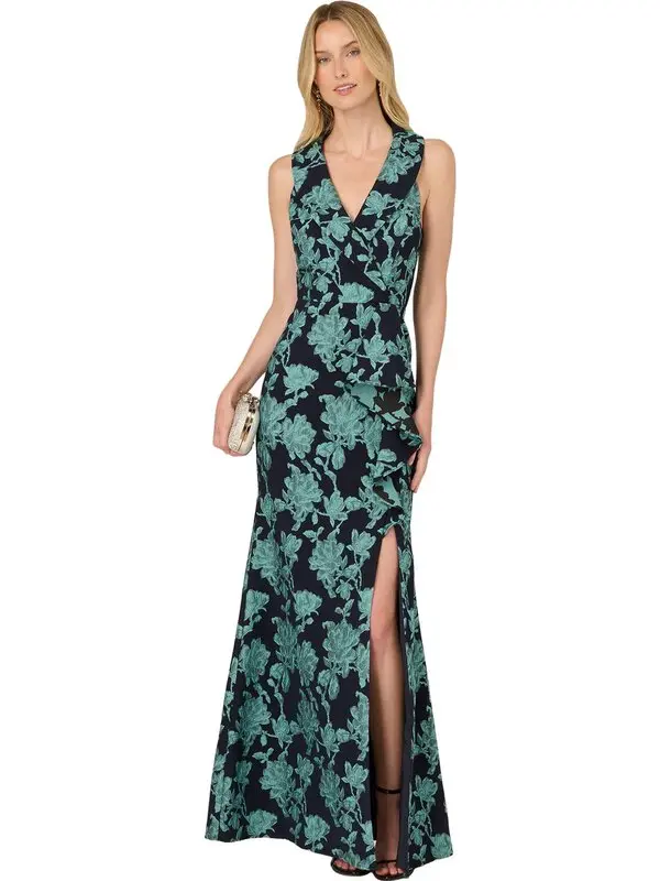 Adrianna Papell Floral Jacquard Shawl Collar Gown - Navy Multi