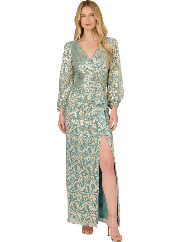 Adrianna Papell Long Sleeve Metallic Crinkle Drape Gown - Mint/gold
