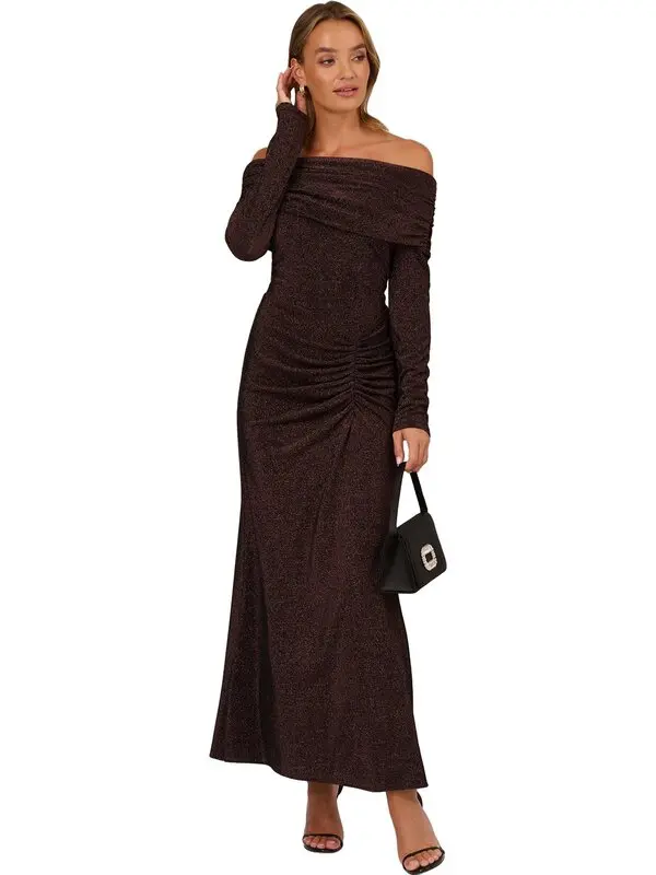 Adrianna Papell Off-the-shoulder Metallic Knit Maxi Dress - Chocolate