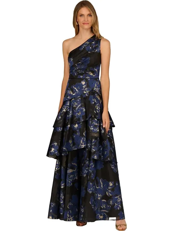 Aidan Mattox One-shoulder Floral Jacquard Ballgown - Navy Multi