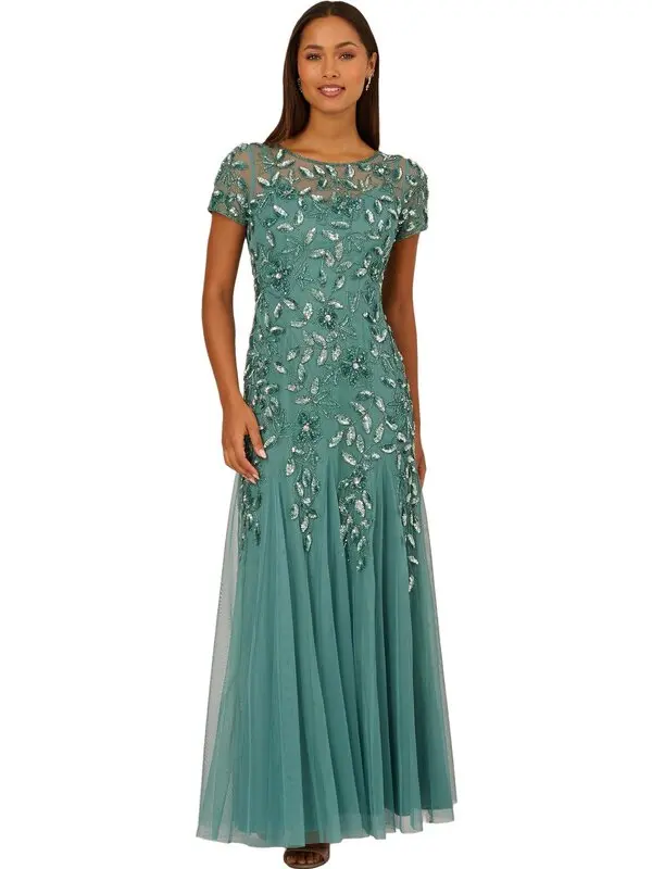 Adrianna Papell Hand Beaded Floral Godet Gown - Jade