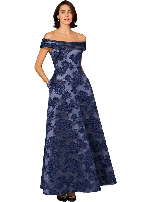 Aidan Mattox Off-shoulder Floral Jacquard Gown - Navy