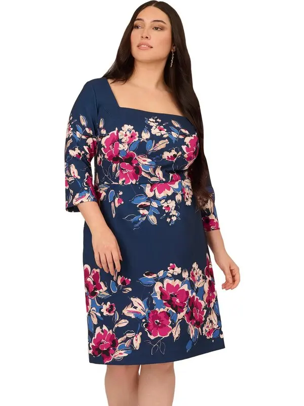 Adrianna Papell Floral Print Sheath Dress - Navy/pink Multi