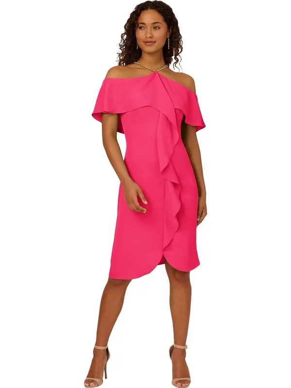 Adrianna Papell Ruffle Popover Midi Dress With Chain Halter Neckline - Electric Pink