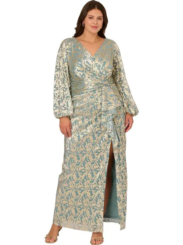 Adrianna Papell Metallic Crinkle Drape Gown - Mint/gold