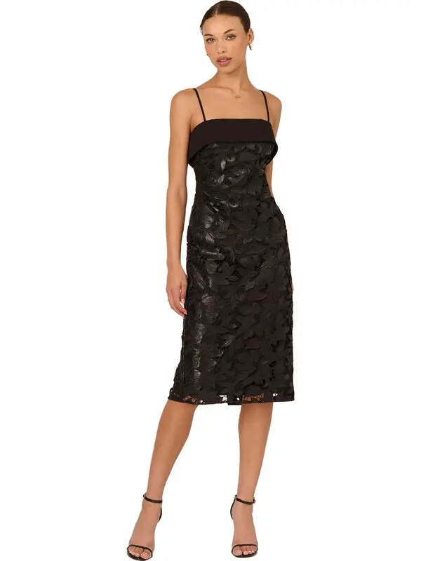 Adrianna Papell Faux Leather Cut Lace Midi Sheath Dress - Black