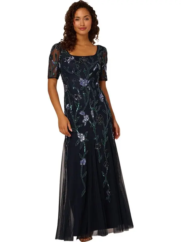 Adrianna Papell Square Neck Beaded Godet Gown - Midnight Multi