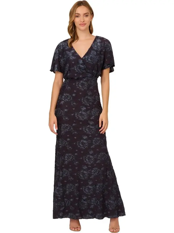Adrianna Papell Floral Burnout Velvet Long Blouson Gown - Midnight