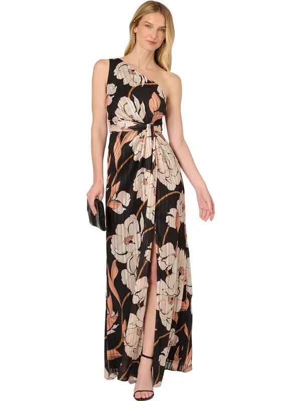 Adrianna Papell One Shoulder Floral Ribbon Stripe Gown - Black Multi